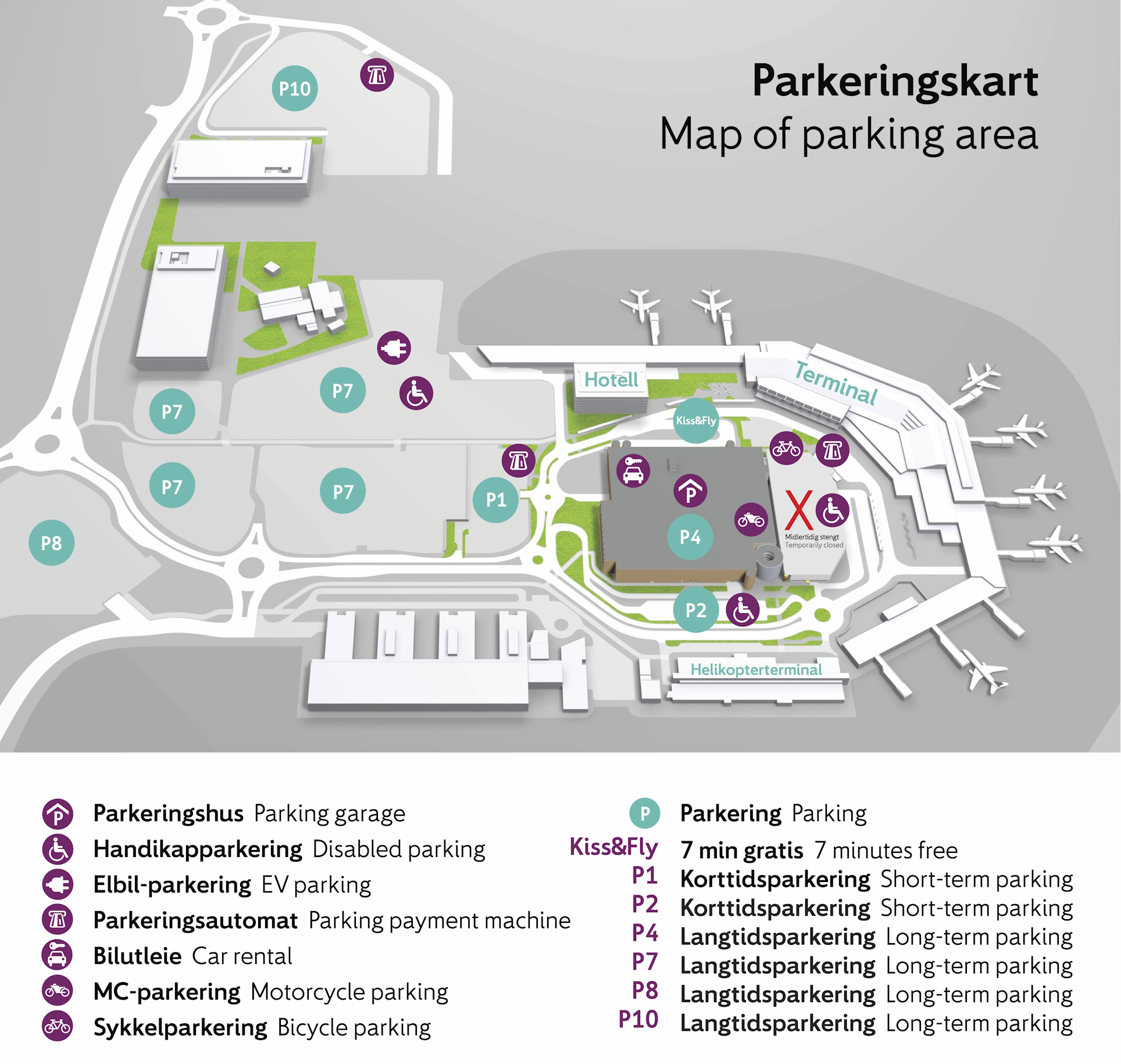 Oversikt over parkeringsområder på Stavanger lufthavn Sola